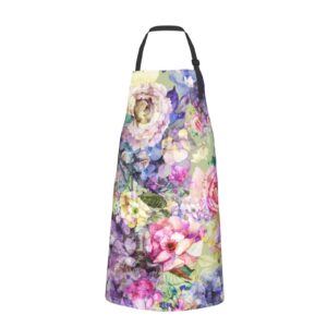 Nameapo Rainbow Roses Sea of Flowers Aprons for Women, Cooking Bib for Kitchen Baking with 2 Pockets, 33"×28"