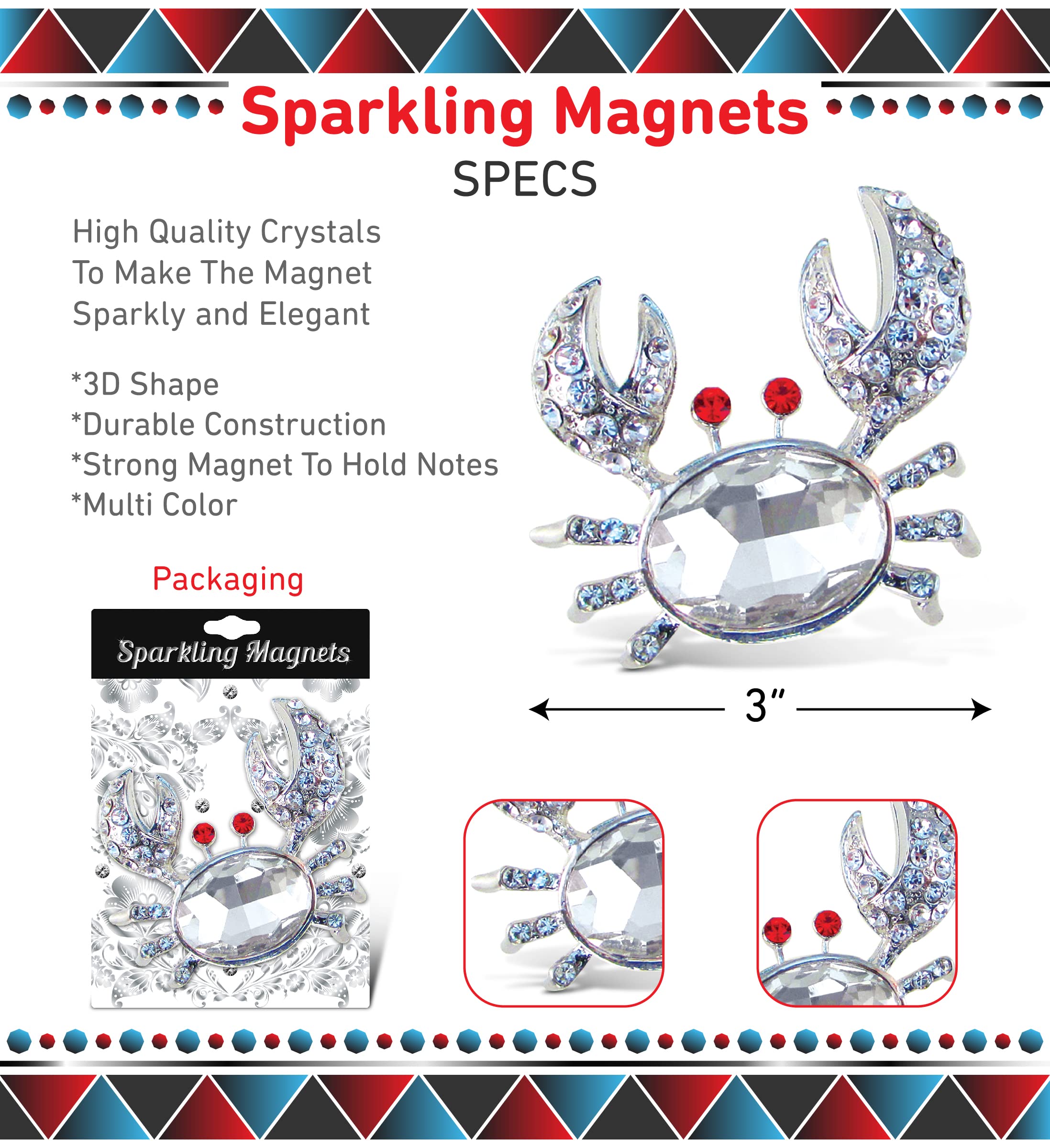 COTA Global Crab Sparkling Refrigerator Magnet - Silver & Red Sparkling Rhinestones Crystals, Cute Sparkly Ocean Life Animal Magnet for Kitchen Door Fridge, Cool Home & Office Novelty Decor - 3 Inch