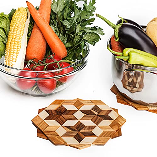 Natural Wood Trivets for Hot Dishes Set Sturdy 8'', Pots and Pans - 2 Eco Friendly Hot Pads for Kitchen Counter - Round Stand Dining Table Decor,Hot Plates to Protect - Wood Teapot Trivet Gifts