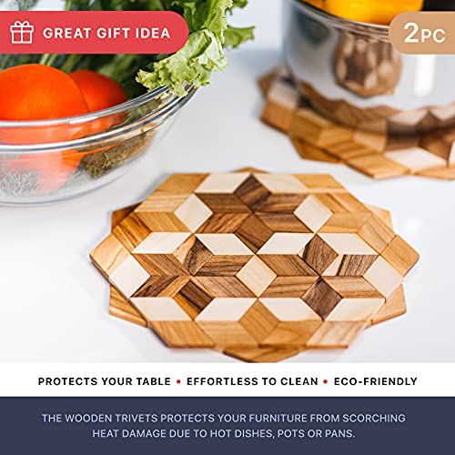 Natural Wood Trivets for Hot Dishes Set Sturdy 8'', Pots and Pans - 2 Eco Friendly Hot Pads for Kitchen Counter - Round Stand Dining Table Decor,Hot Plates to Protect - Wood Teapot Trivet Gifts