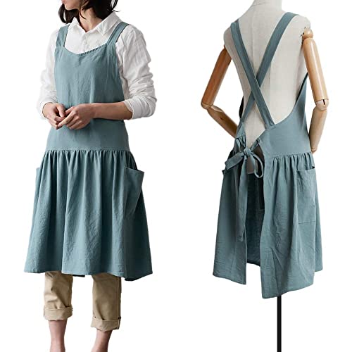 Women's Pinafore Square Cross Back Cotton Linen Japanese Apron Garden Work Plus Size Midi Bib Dress With Pockets for Cooking Painting