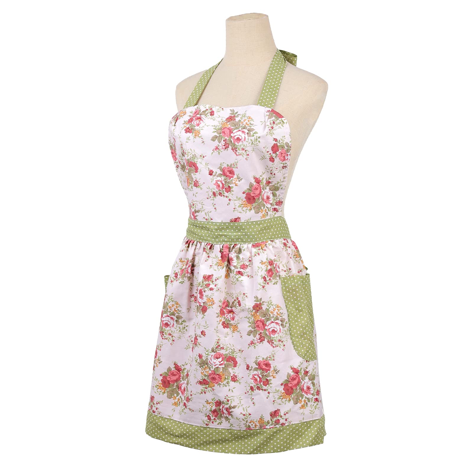 Surblue Kitchen Aprons for Women with 2 Pockets, Organic Cotton, Extra-Long Tie, Heavy Duty Bib Aprons for Cooking, Baking, BBQ, Gardening, Style Diana, Floral Green, Adult