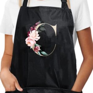 Initial Black Apron for Women with Pockets, Kitchen Cooking Gardening Cute Apron Gifts for Her, Chef, Mom, Artists, Hair Stylists, Funny Gifts for Women, Friends, Sisters, Grandma - C