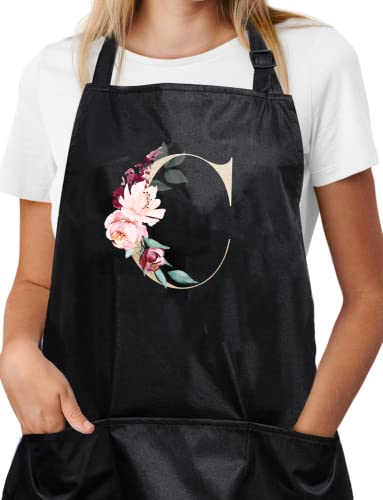 Initial Black Apron for Women with Pockets, Kitchen Cooking Gardening Cute Apron Gifts for Her, Chef, Mom, Artists, Hair Stylists, Funny Gifts for Women, Friends, Sisters, Grandma - C