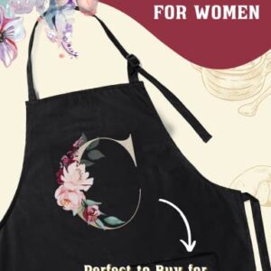 Initial Black Apron for Women with Pockets, Kitchen Cooking Gardening Cute Apron Gifts for Her, Chef, Mom, Artists, Hair Stylists, Funny Gifts for Women, Friends, Sisters, Grandma - C