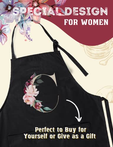 Initial Black Apron for Women with Pockets, Kitchen Cooking Gardening Cute Apron Gifts for Her, Chef, Mom, Artists, Hair Stylists, Funny Gifts for Women, Friends, Sisters, Grandma - C