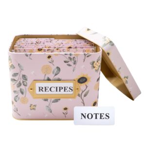 recipe box w/ 26 a-z dividers - note card holder - beautiful 4x6 recipe card box - tin recipe organizer w/ 2 labels recipes & notes - waterproof index card holder for kitchen countertop, office desk