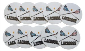 novel merk lacrosse refrigerator magnets, circle with ball, crosse sticks, & text for gifts, decor, party favors, & prizes (10), black white red blue, (jsfdj334)