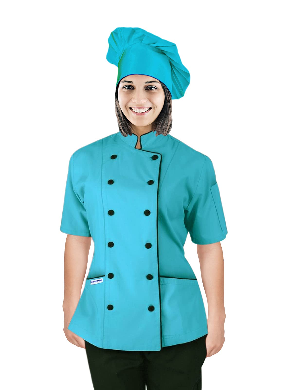 Chef's Apparel Short Sleeves Women's Ladies Chef's Coat Jackets with Chef Hats By Chef's Apparels (Turquoise,M (For Bust 36-37))