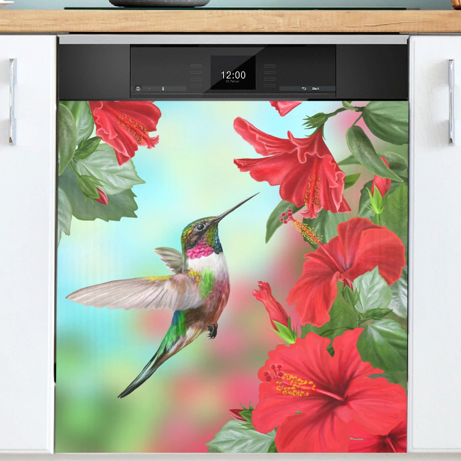 Dishwasher Magnet Sticker Cover Cute Hummingbird Flower Panel Decal Refrigerator Magnetic Sticker Decorative for Kitchen Decoration