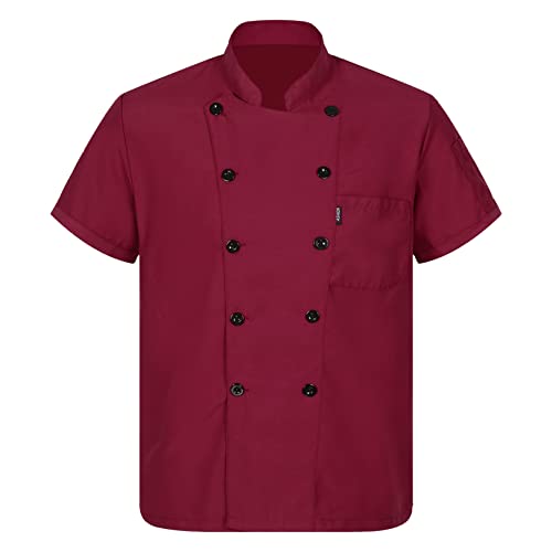 JEATHA Men Double-Breasted Short Sleeve Chef Coat Jacket Uniform Unisex-Adult Chef Jacket Chef Coat Red F Large