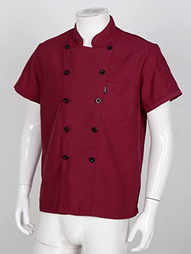 JEATHA Men Double-Breasted Short Sleeve Chef Coat Jacket Uniform Unisex-Adult Chef Jacket Chef Coat Red F Large