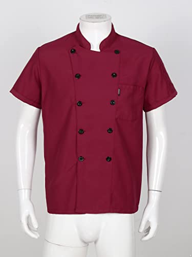 JEATHA Men Double-Breasted Short Sleeve Chef Coat Jacket Uniform Unisex-Adult Chef Jacket Chef Coat Red F Large