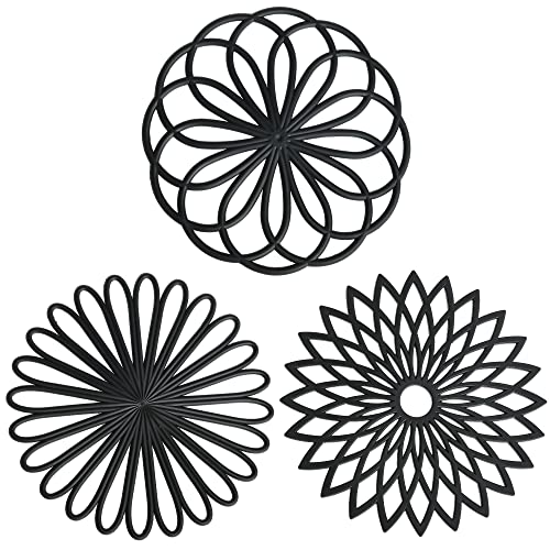 Silicone Trivets Set of 3 Multi-Use Intricately Carved Hot Mats and Pads, Flexible Modern Kitchen Table Mat, Heat Resistant Round Coaster Mat Black, Black, I: Set of 3-Black