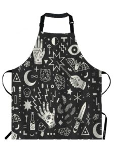 ekobla magical witchcraft aprons hand eyes moon skull cat bat snake dagger mushroom key waterproof resistant chef cooking kitchen bbq adjustable aprons for women men 27x31 inch