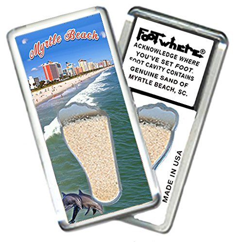 Myrtle Beach FootWhere Magnet (MBSC201 - Beachfront). Authentic Destination Souvenir acknowledging Where You've Set Foot. Genuine Soil of Featured Location encased Inside Foot Cavity. Made in USA