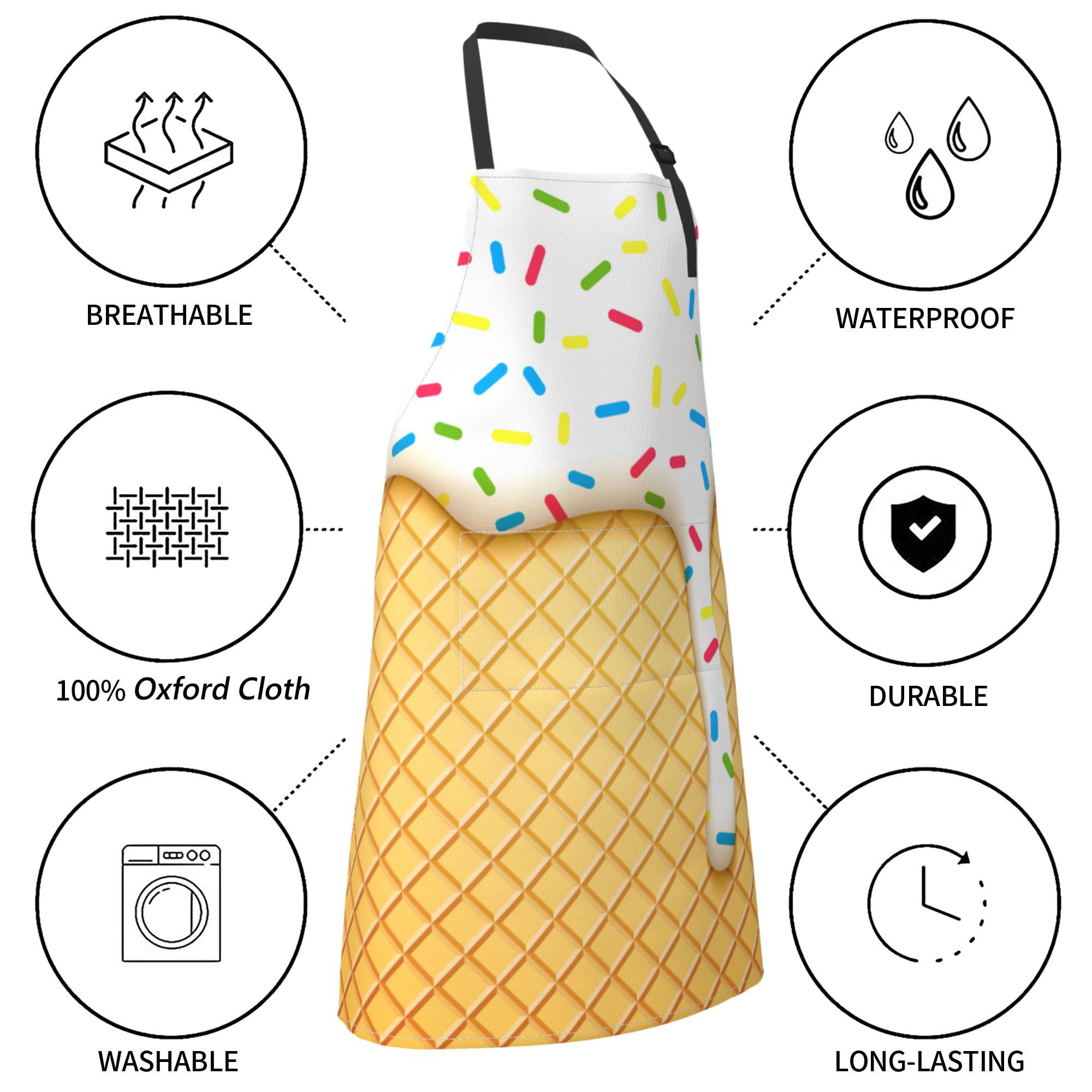 Cartoon Ice Cream Food Cute Aprons for Women Men, Flowing Cream Cooking Chef with 2 Pockets Adjustable Neck Strap Apron Perfect Cooking and Baking Apron for Women Dad Gifts, White Yellow