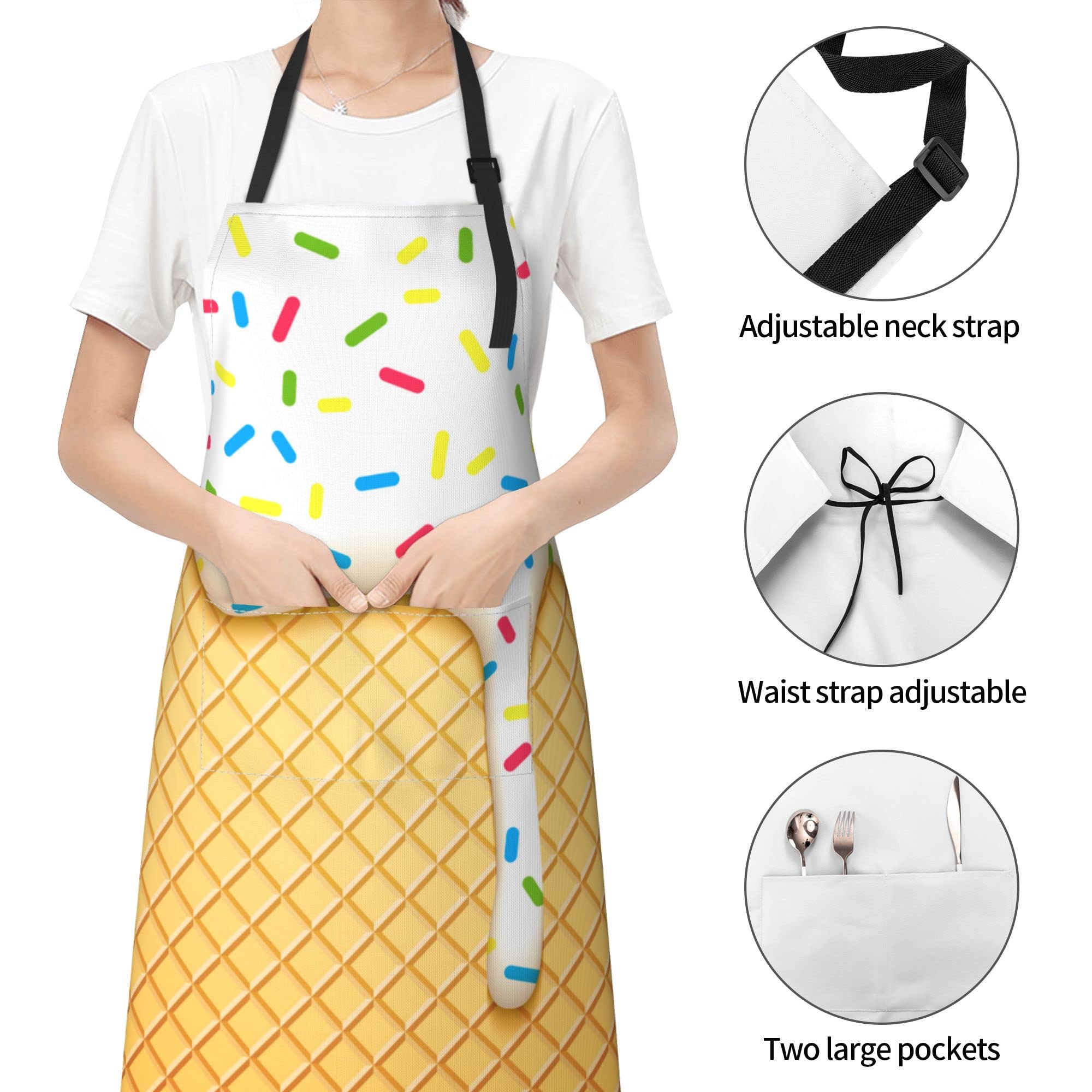 Cartoon Ice Cream Food Cute Aprons for Women Men, Flowing Cream Cooking Chef with 2 Pockets Adjustable Neck Strap Apron Perfect Cooking and Baking Apron for Women Dad Gifts, White Yellow