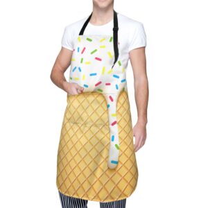 Cartoon Ice Cream Food Cute Aprons for Women Men, Flowing Cream Cooking Chef with 2 Pockets Adjustable Neck Strap Apron Perfect Cooking and Baking Apron for Women Dad Gifts, White Yellow