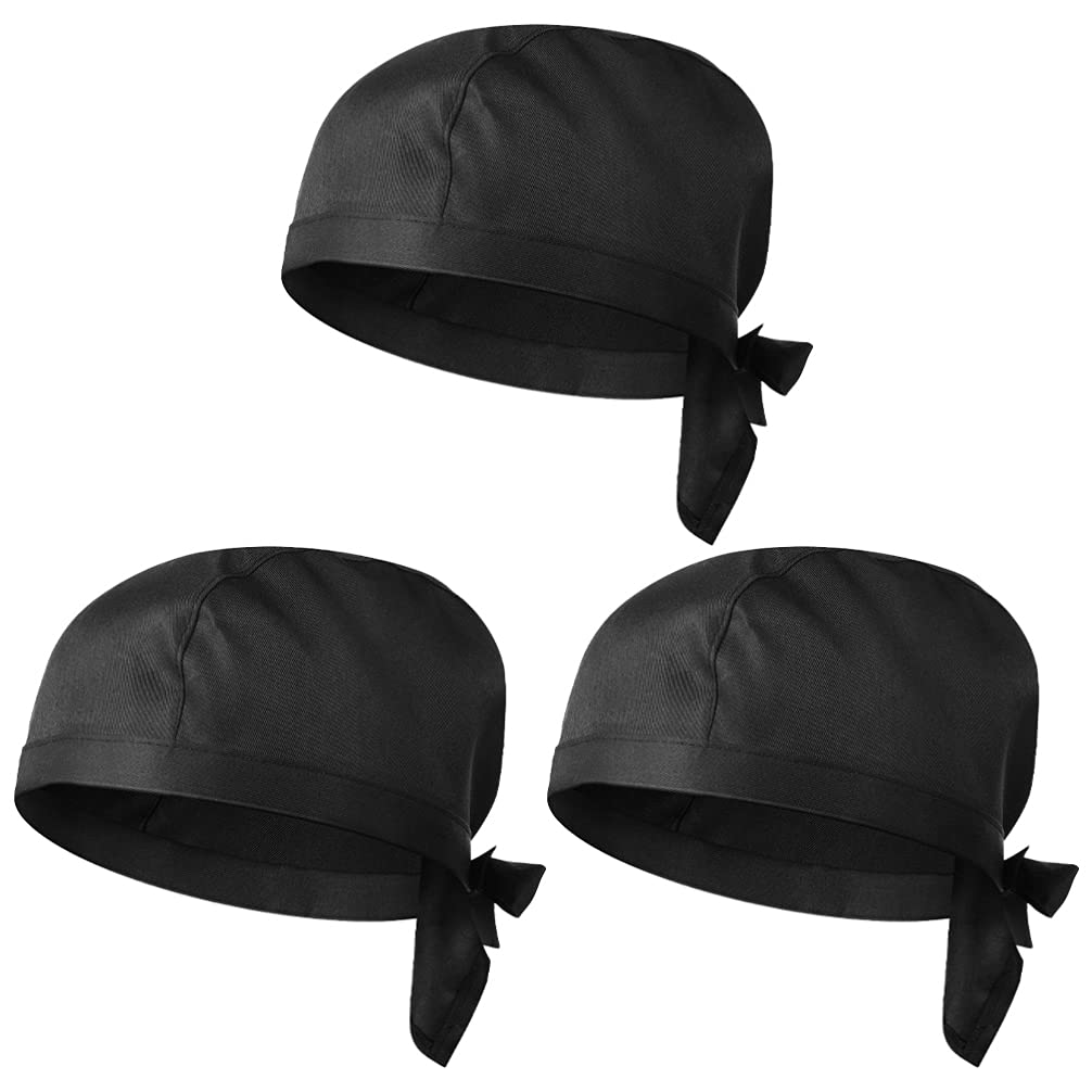 Cabilock Black Chef Hat Cooking Chef Cap: Adjustable Tie Back Food Service Hair Nets Reusable Washable Bouffant Beanie 3pcs