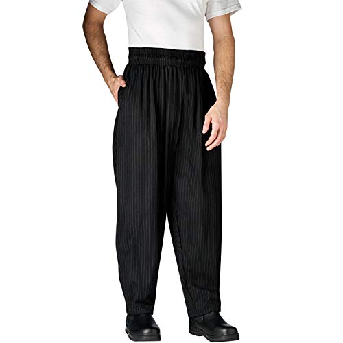 Chefwear Men's Unisex Baggy Cotton Chef Pant, Black/Grey Pinstripe, Large