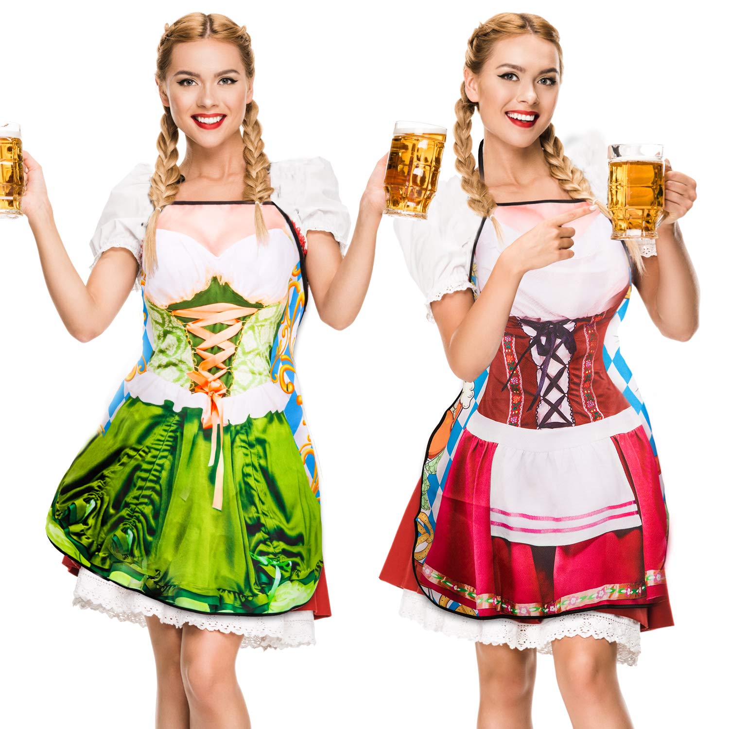 Whaline 2Pcs Oktoberfest Apron, Female Dirndl Costume Outfit, German Oktoberfest Dress, Novelty Apron for Kitchen Cooking BBQ Party (Red, Green)