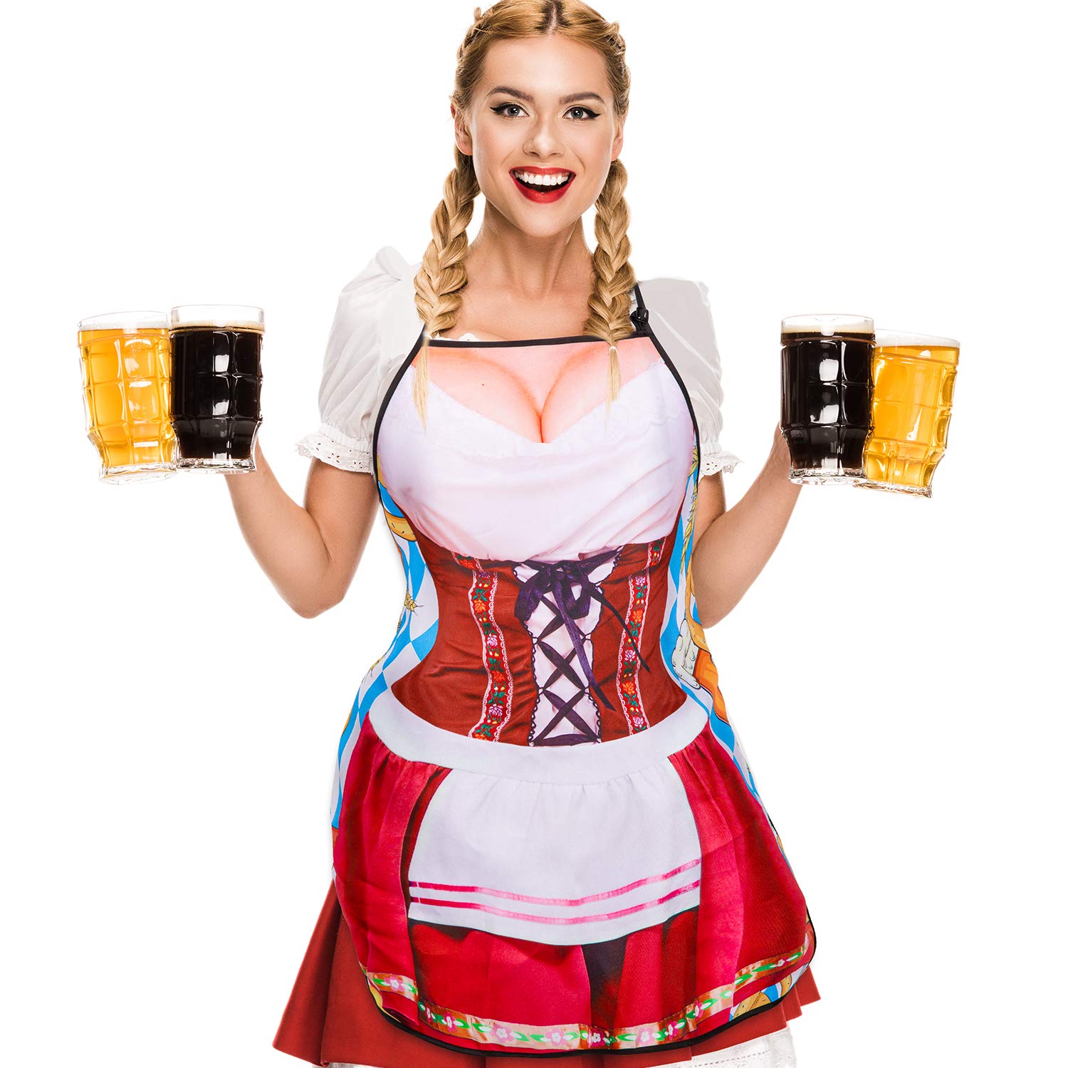 Whaline 2Pcs Oktoberfest Apron, Female Dirndl Costume Outfit, German Oktoberfest Dress, Novelty Apron for Kitchen Cooking BBQ Party (Red, Green)