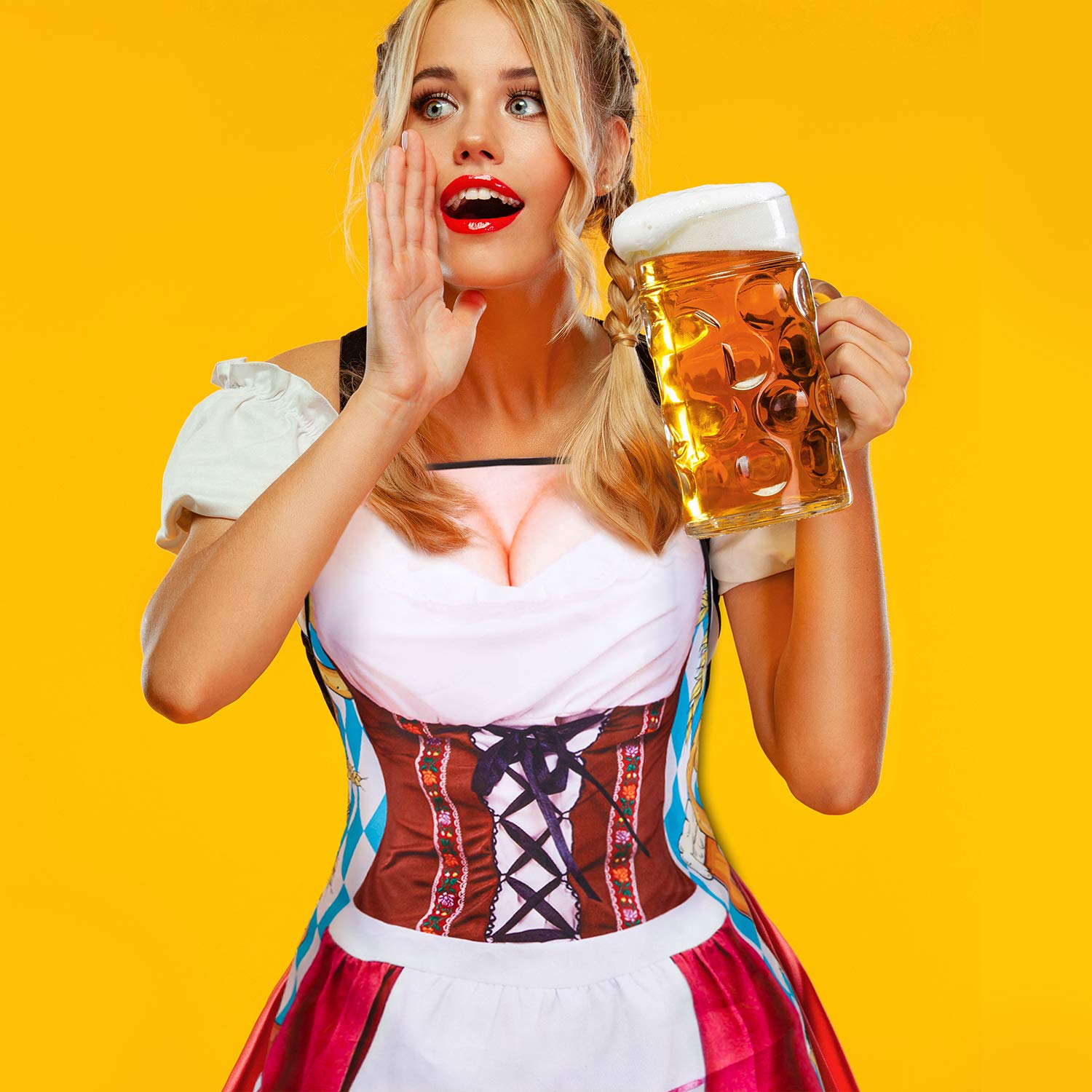 Whaline 2Pcs Oktoberfest Apron, Female Dirndl Costume Outfit, German Oktoberfest Dress, Novelty Apron for Kitchen Cooking BBQ Party (Red, Green)