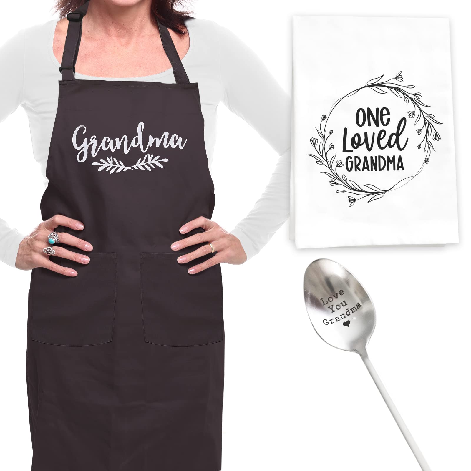 Grandma Gifts Set – 3Pc.,100% Cotton Grandma Apron with Matching Tea Towel and Engraved, Stainless Steel Tea Spoon – Great Grandmother Gifts for Grandma, Mothers Day or Grandma Birthday Gifts