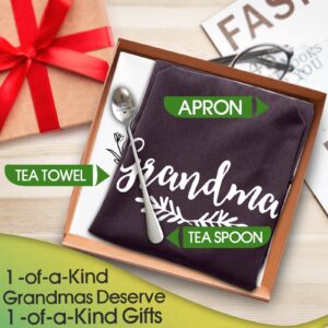 Grandma Gifts Set – 3Pc.,100% Cotton Grandma Apron with Matching Tea Towel and Engraved, Stainless Steel Tea Spoon – Great Grandmother Gifts for Grandma, Mothers Day or Grandma Birthday Gifts