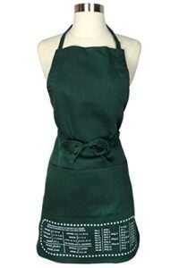 the smart baker cheat sheet - baking apron with measurement conversions. adjustable straps with front pockets. perfect for you or as a gift for the special baker in your life! - forest green