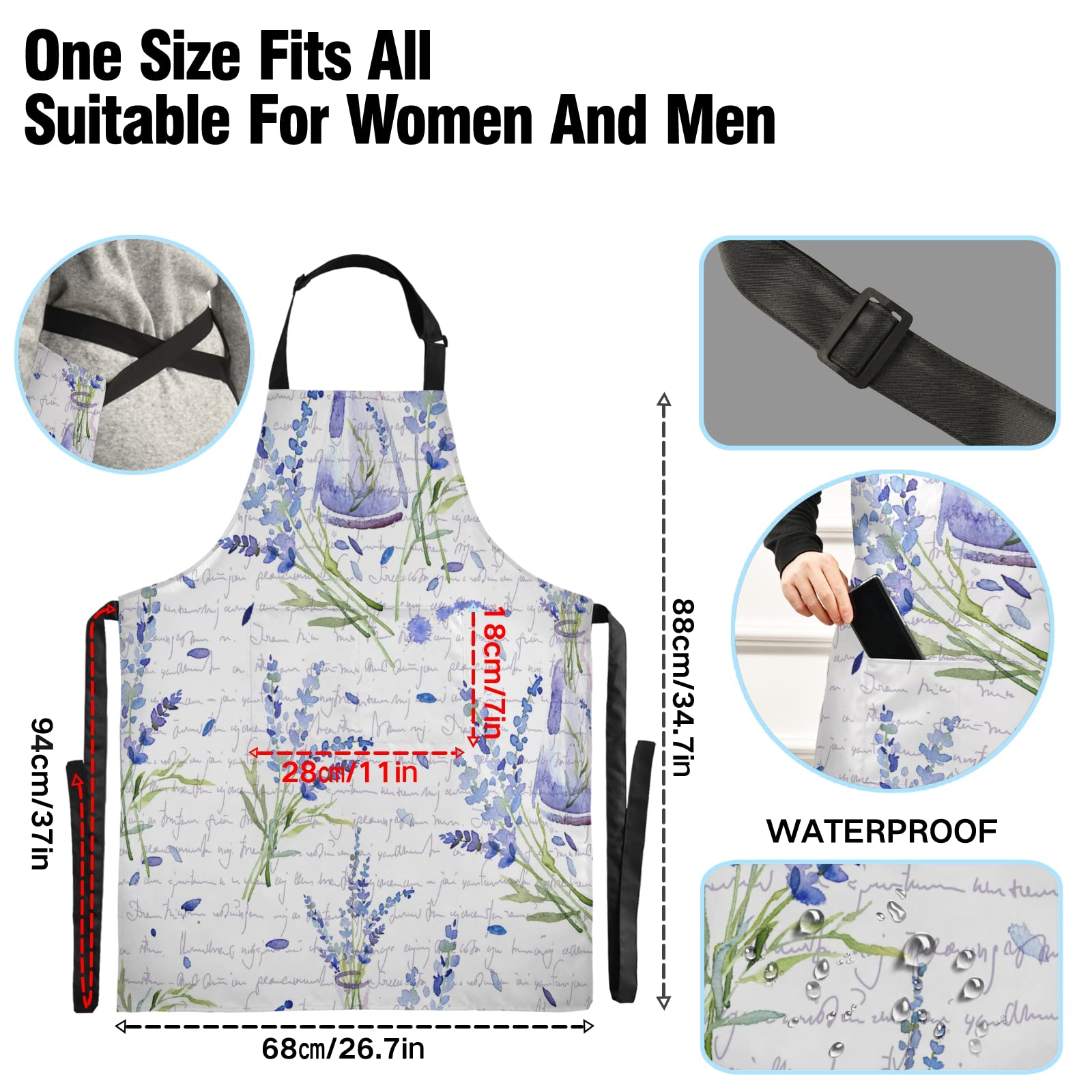 Kitchen Apron for Women Herbs and Lavender Apron With 2 Pockets, Adjustable Bib Cooking Chef Aprons for Men