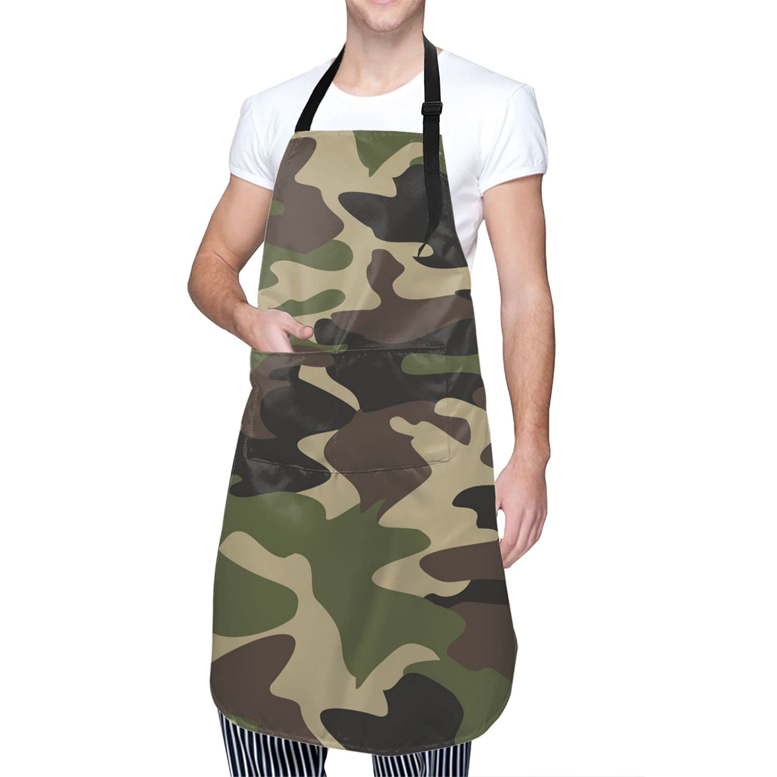 Perinsto Green Camo Waterproof Apron With 2 Pockets Amy Camouflage Kitchen Chef Aprons Bibs For Grooming Cooking Baking Painting Gardening