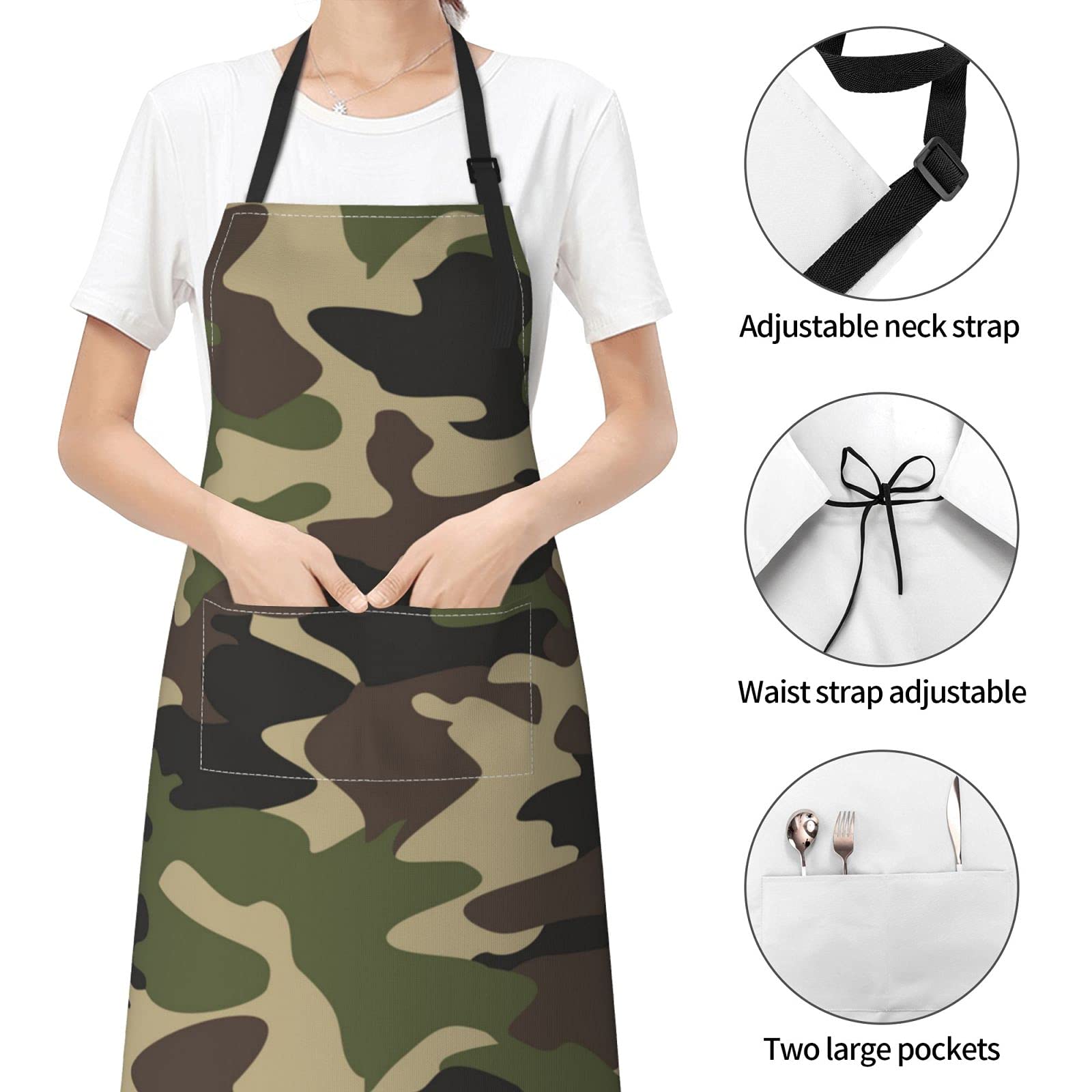 Perinsto Green Camo Waterproof Apron With 2 Pockets Amy Camouflage Kitchen Chef Aprons Bibs For Grooming Cooking Baking Painting Gardening