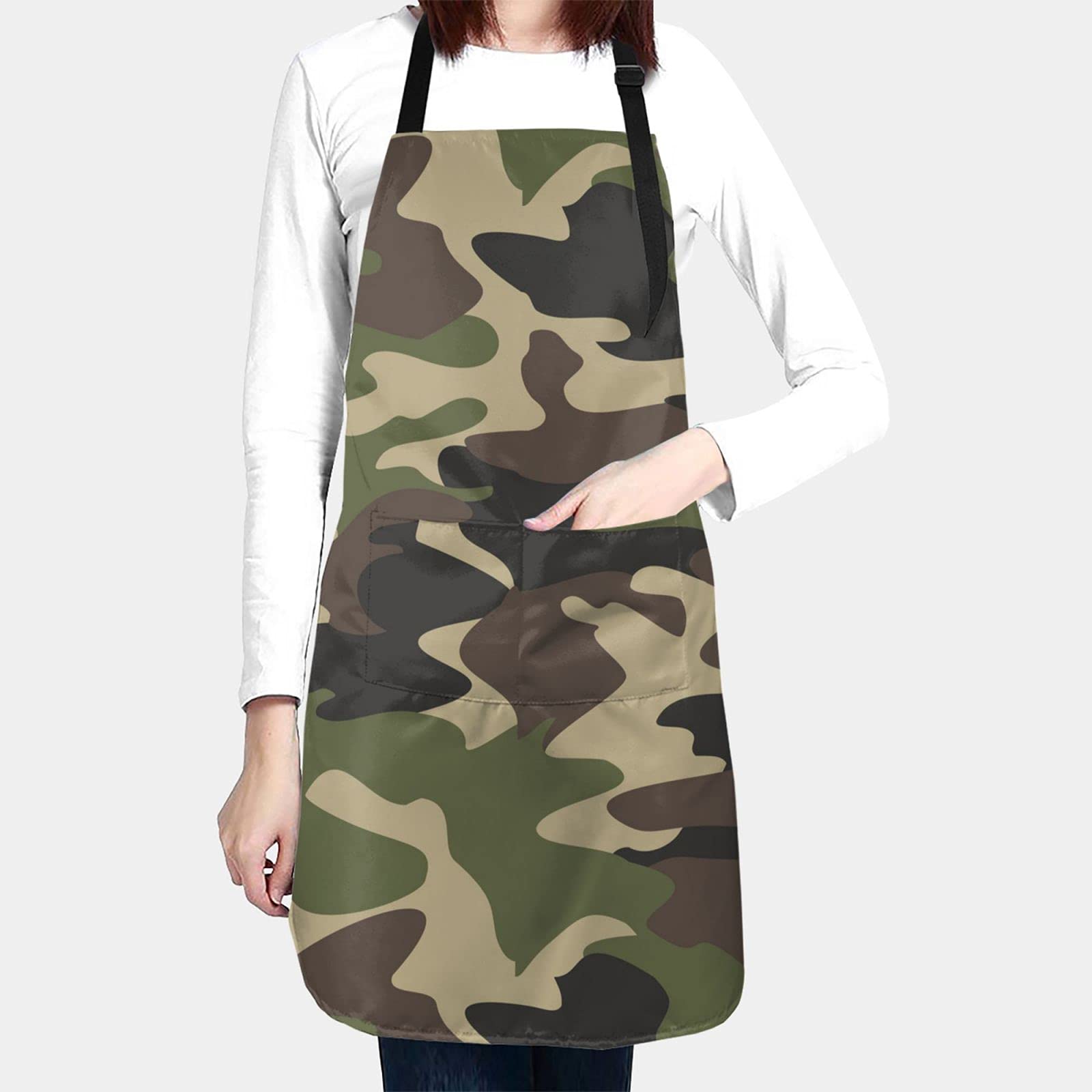 Perinsto Green Camo Waterproof Apron With 2 Pockets Amy Camouflage Kitchen Chef Aprons Bibs For Grooming Cooking Baking Painting Gardening