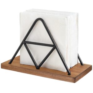 mygift matte black metal wire triangle napkin holder with rustic burnt solid wood base, tabletop geometric serviette dispenser rack - holds up to 100 paper napkins