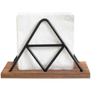 MyGift Matte Black Metal Wire Triangle Napkin Holder with Rustic Burnt Solid Wood Base, Tabletop Geometric Serviette Dispenser Rack - Holds up to 100 Paper Napkins