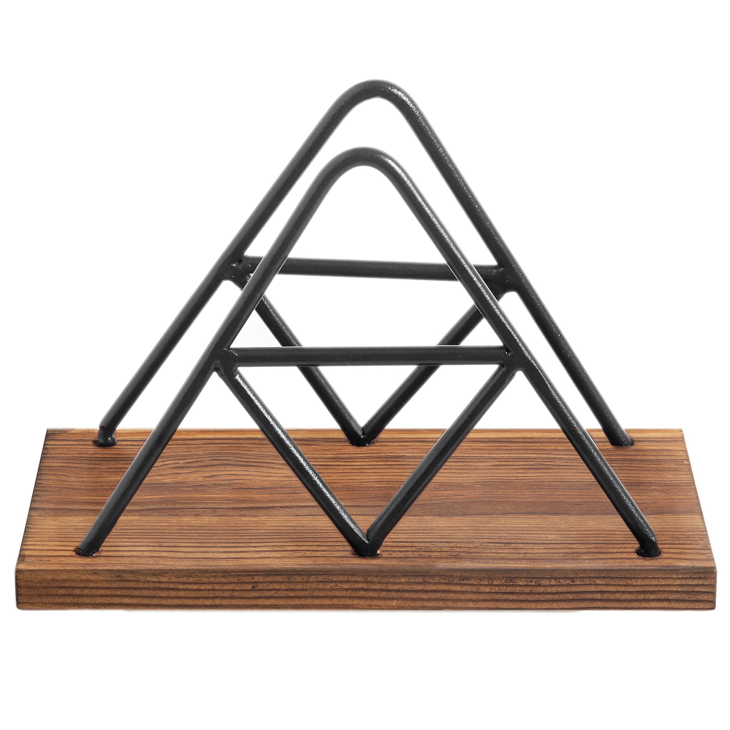 MyGift Matte Black Metal Wire Triangle Napkin Holder with Rustic Burnt Solid Wood Base, Tabletop Geometric Serviette Dispenser Rack - Holds up to 100 Paper Napkins