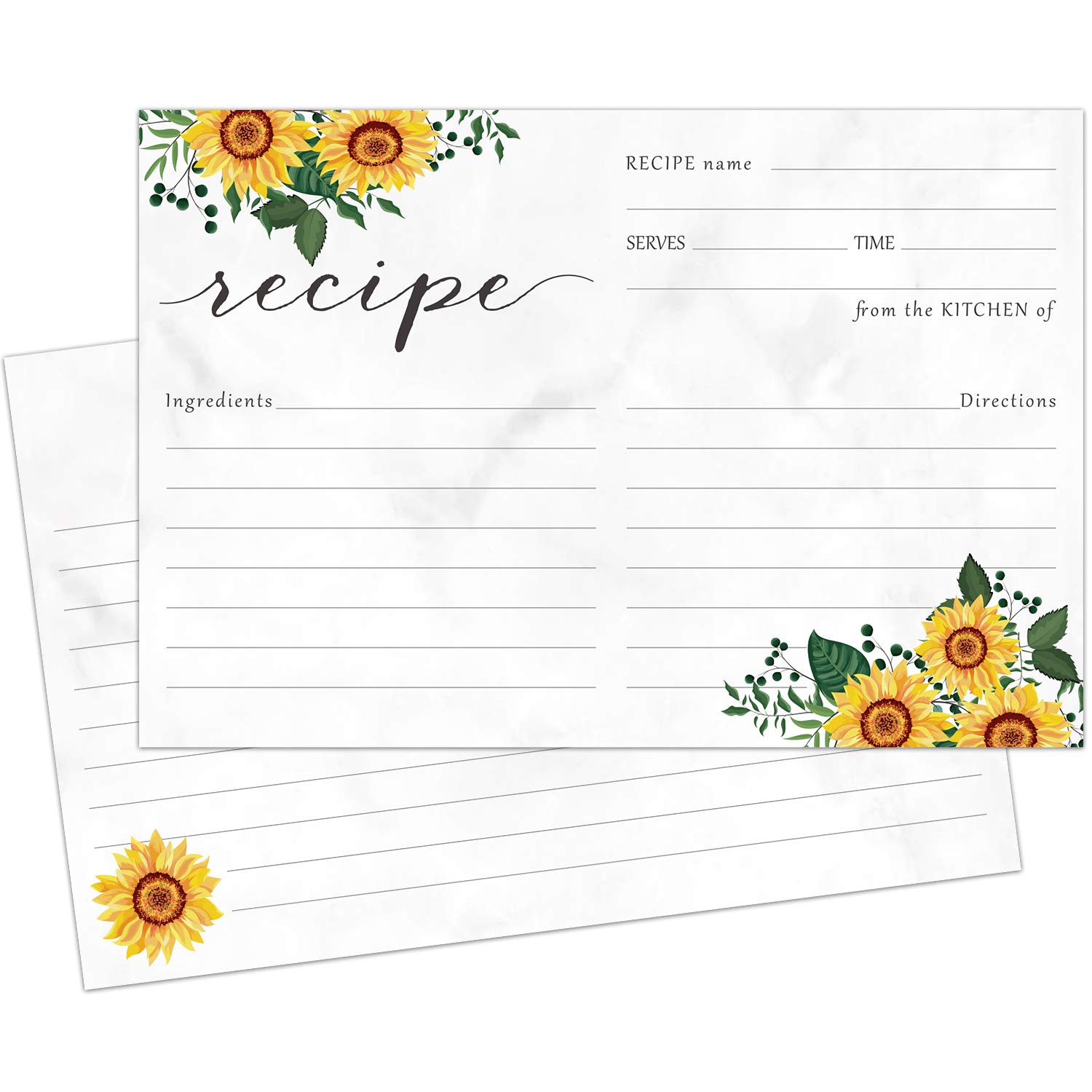 Sunflower Recipe Cards Floral Recipe Card Double-Sided Kitchen Recipe Cards Note Cards for Wedding, Bridal Shower (50)