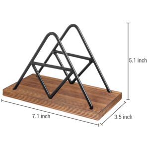 MyGift Matte Black Metal Wire Triangle Napkin Holder with Rustic Burnt Solid Wood Base, Tabletop Geometric Serviette Dispenser Rack - Holds up to 100 Paper Napkins