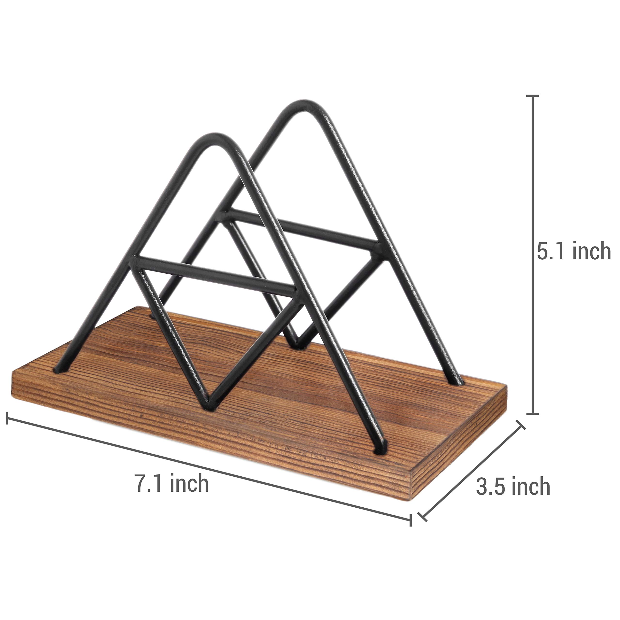 MyGift Matte Black Metal Wire Triangle Napkin Holder with Rustic Burnt Solid Wood Base, Tabletop Geometric Serviette Dispenser Rack - Holds up to 100 Paper Napkins