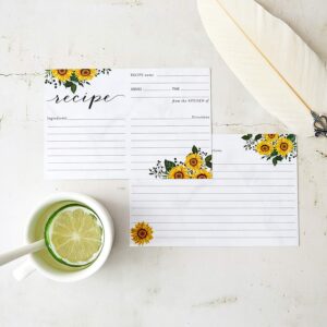 Sunflower Recipe Cards Floral Recipe Card Double-Sided Kitchen Recipe Cards Note Cards for Wedding, Bridal Shower (50)