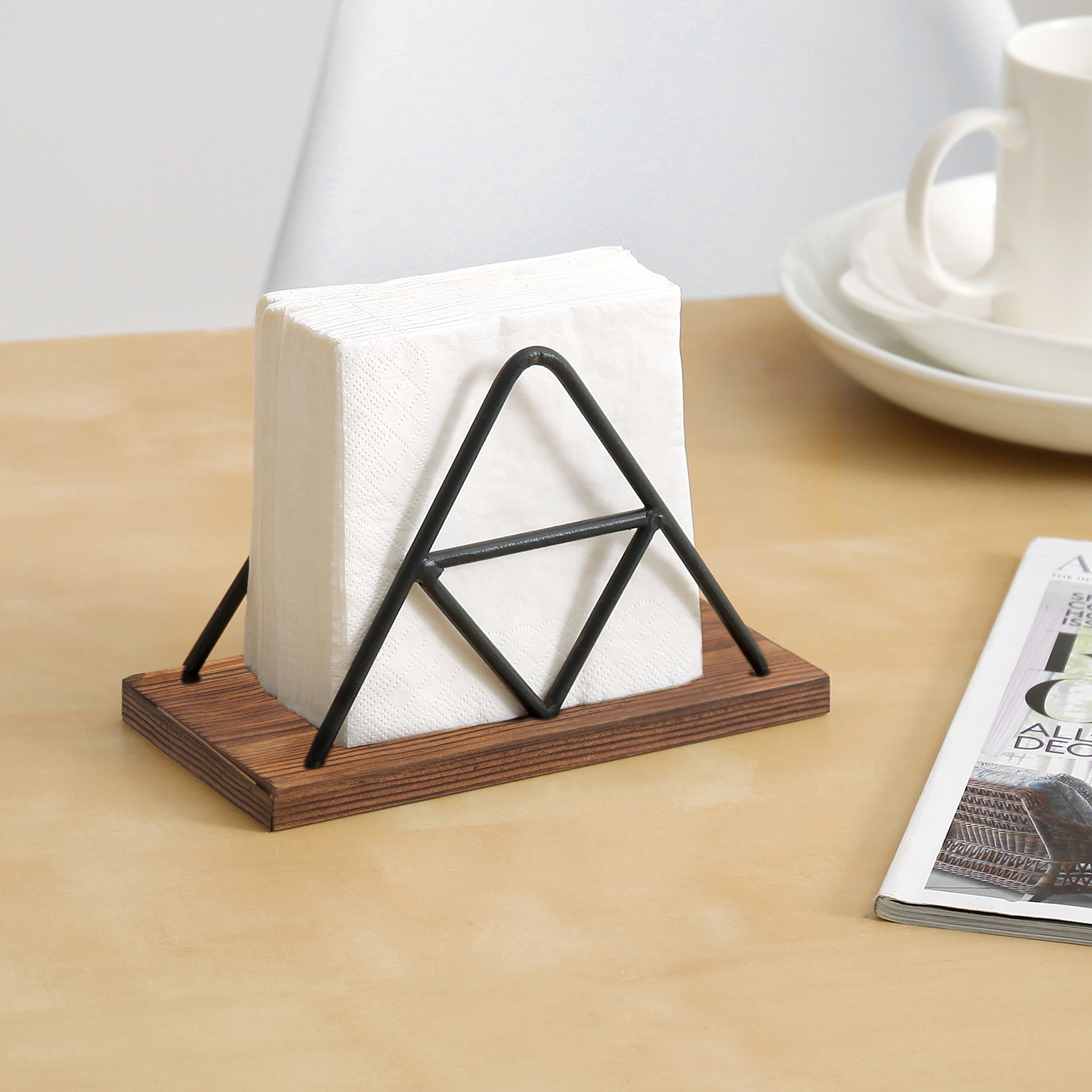 MyGift Matte Black Metal Wire Triangle Napkin Holder with Rustic Burnt Solid Wood Base, Tabletop Geometric Serviette Dispenser Rack - Holds up to 100 Paper Napkins