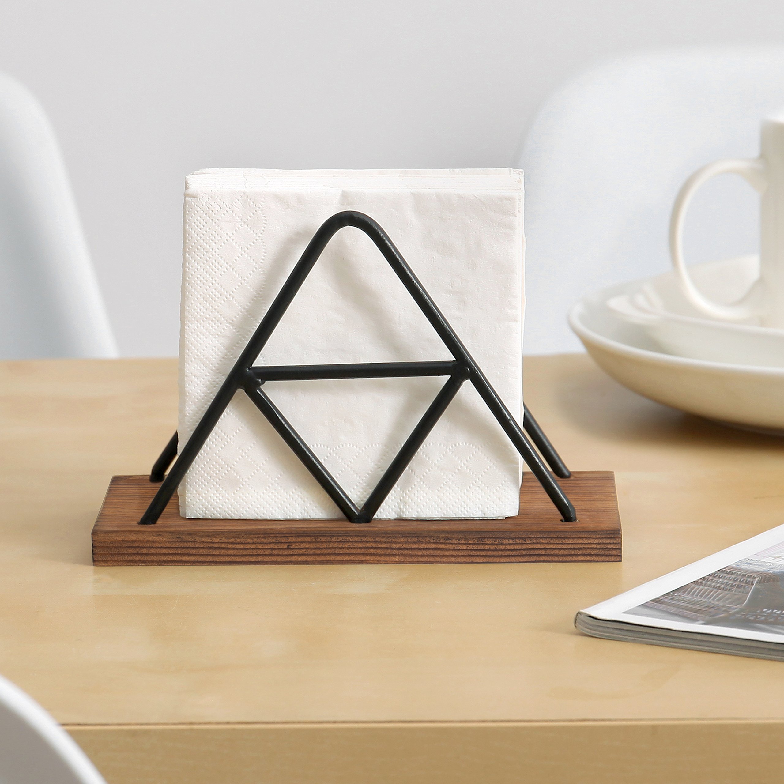 MyGift Matte Black Metal Wire Triangle Napkin Holder with Rustic Burnt Solid Wood Base, Tabletop Geometric Serviette Dispenser Rack - Holds up to 100 Paper Napkins