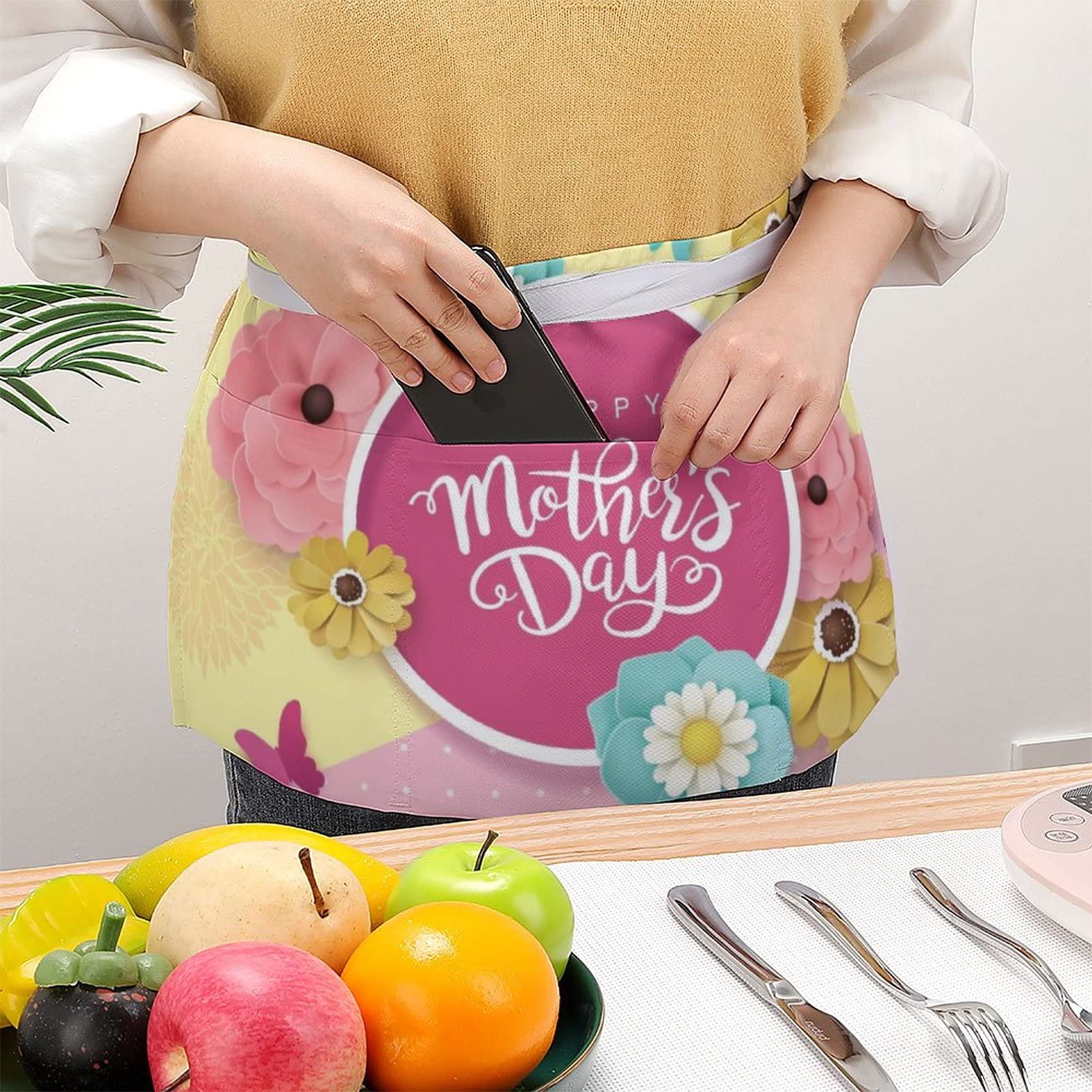 ZGVDVZ Happy Mother's Day with Flower Apron With 3 Pockets For Aldult Kitchen Chef Aprons For Cooking Baking Gardening