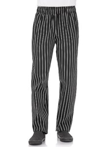 chef works men's designer baggy chef pants, black w/ chalk stripe, large