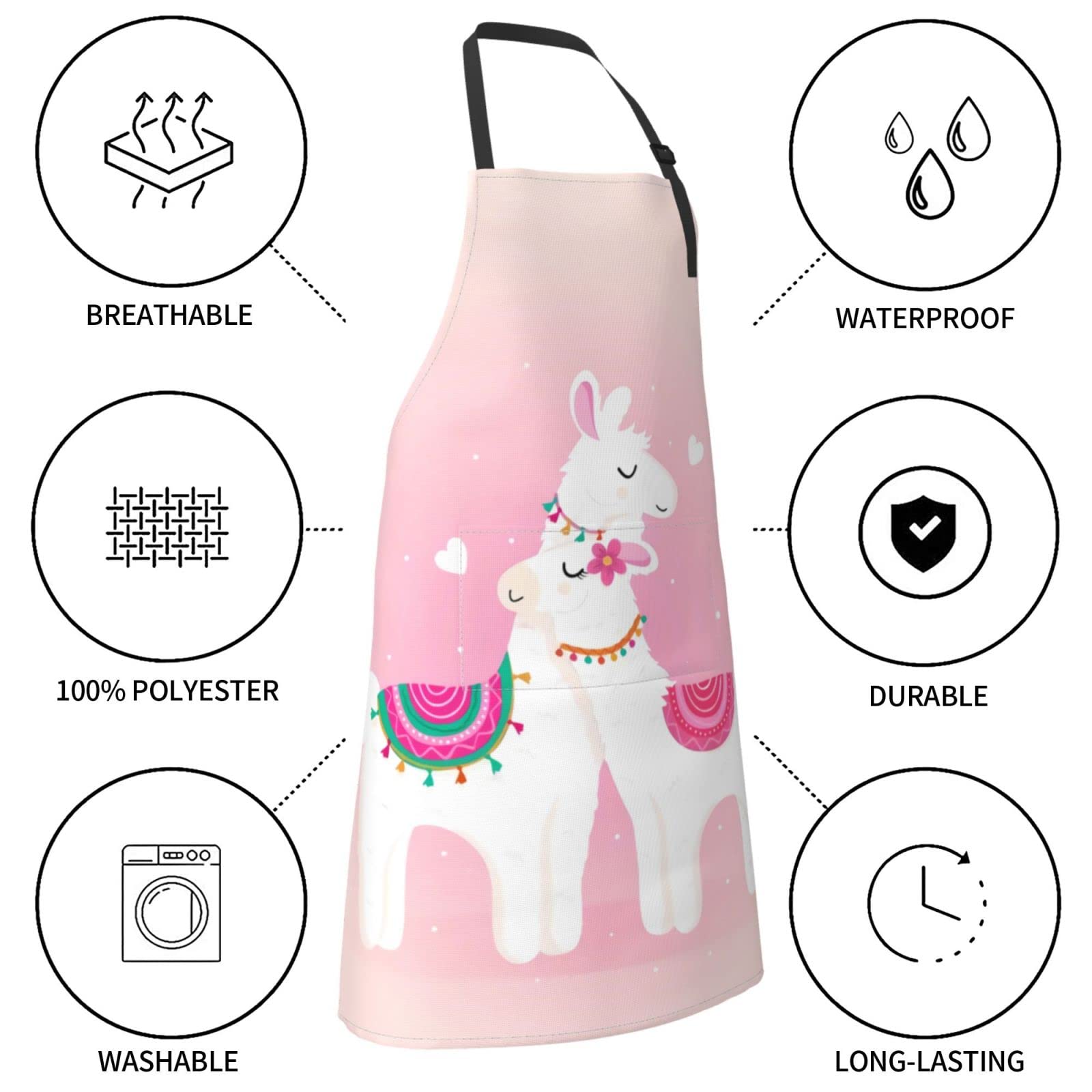 XBAKETOP Alpaca Apron With Pockets For Women Waterproof apron for Kitchen Cooking BBQ Cute Apron Love You llama Adjustable Unisex Outdoor Pink Apron 28x33 Inches…