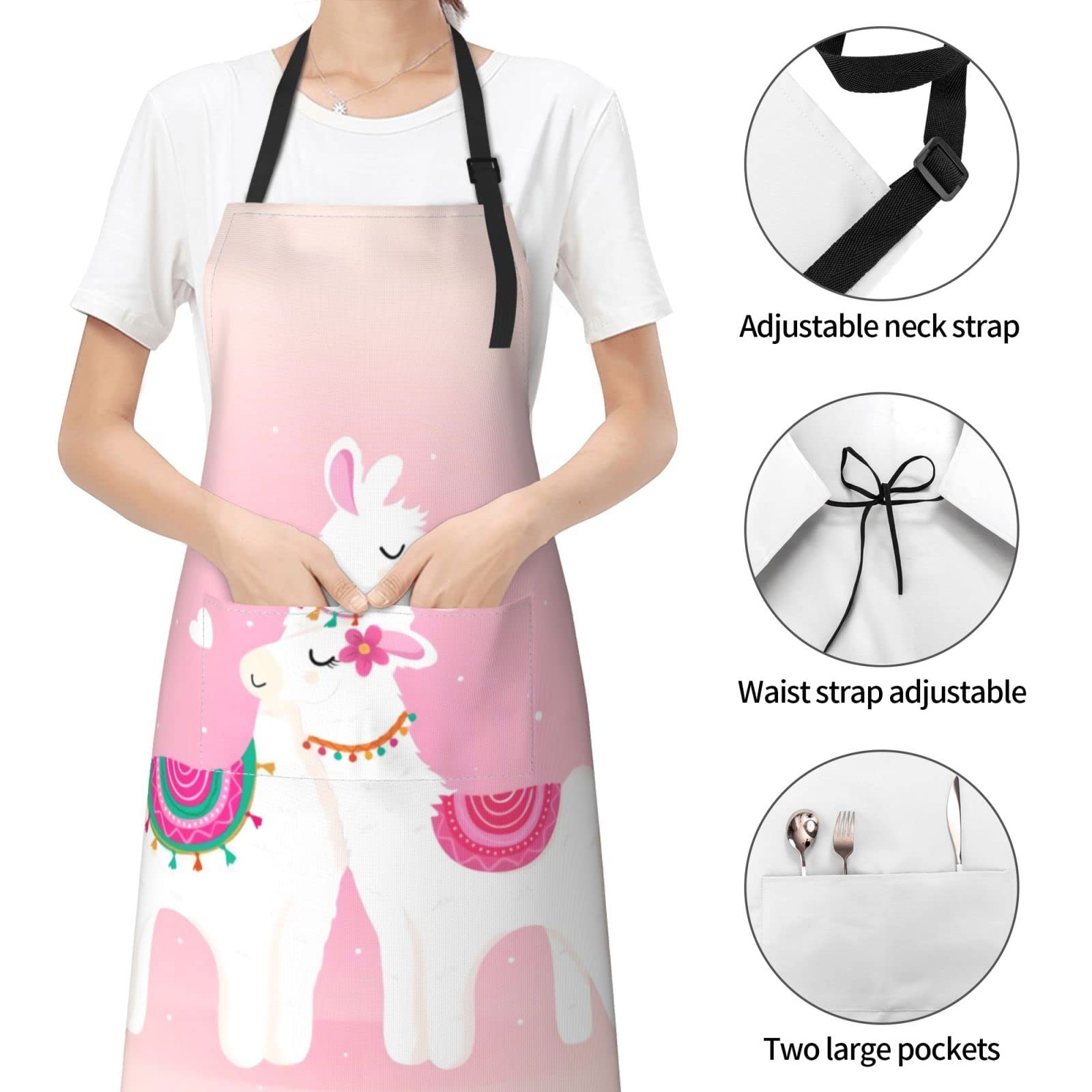 XBAKETOP Alpaca Apron With Pockets For Women Waterproof apron for Kitchen Cooking BBQ Cute Apron Love You llama Adjustable Unisex Outdoor Pink Apron 28x33 Inches…