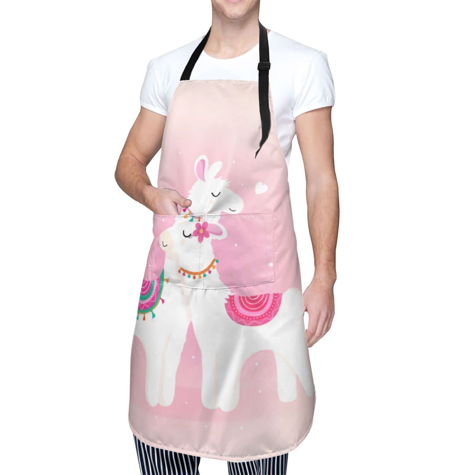 XBAKETOP Alpaca Apron With Pockets For Women Waterproof apron for Kitchen Cooking BBQ Cute Apron Love You llama Adjustable Unisex Outdoor Pink Apron 28x33 Inches…