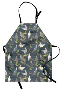 lunarable birds apron, cockatiels and exotic parrots on branches in jungles tropical leaves, unisex kitchen bib with adjustable neck for cooking gardening, adult size, blue multicolor